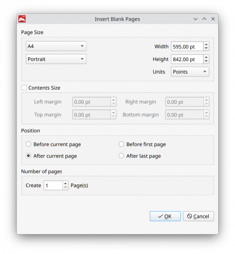 Insert blank pages into PDF document.