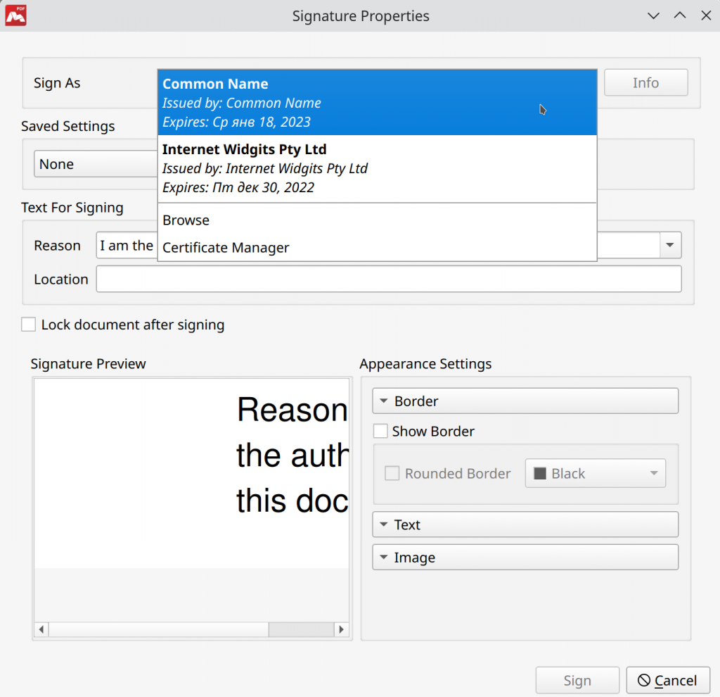 Create and verify a digital signature in a PDF document.