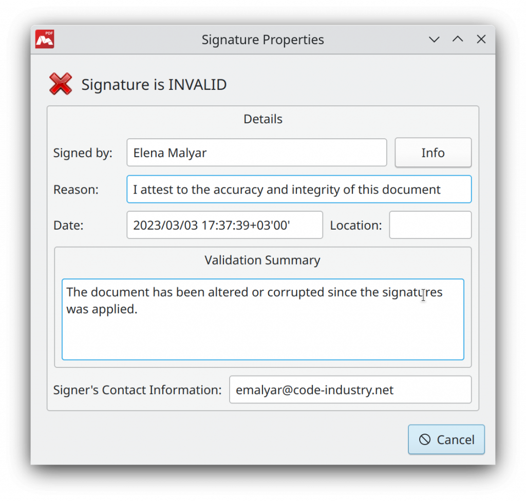 Create and verify a digital signature in a PDF document.