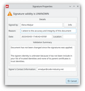 Create and verify a digital signature in a PDF document.