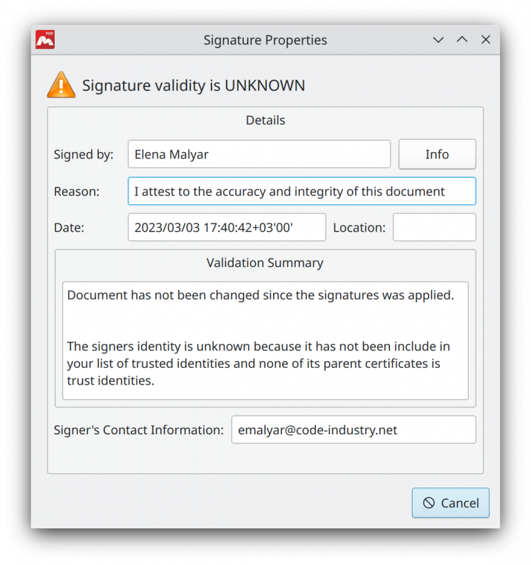 Create and verify a digital signature in a PDF document.