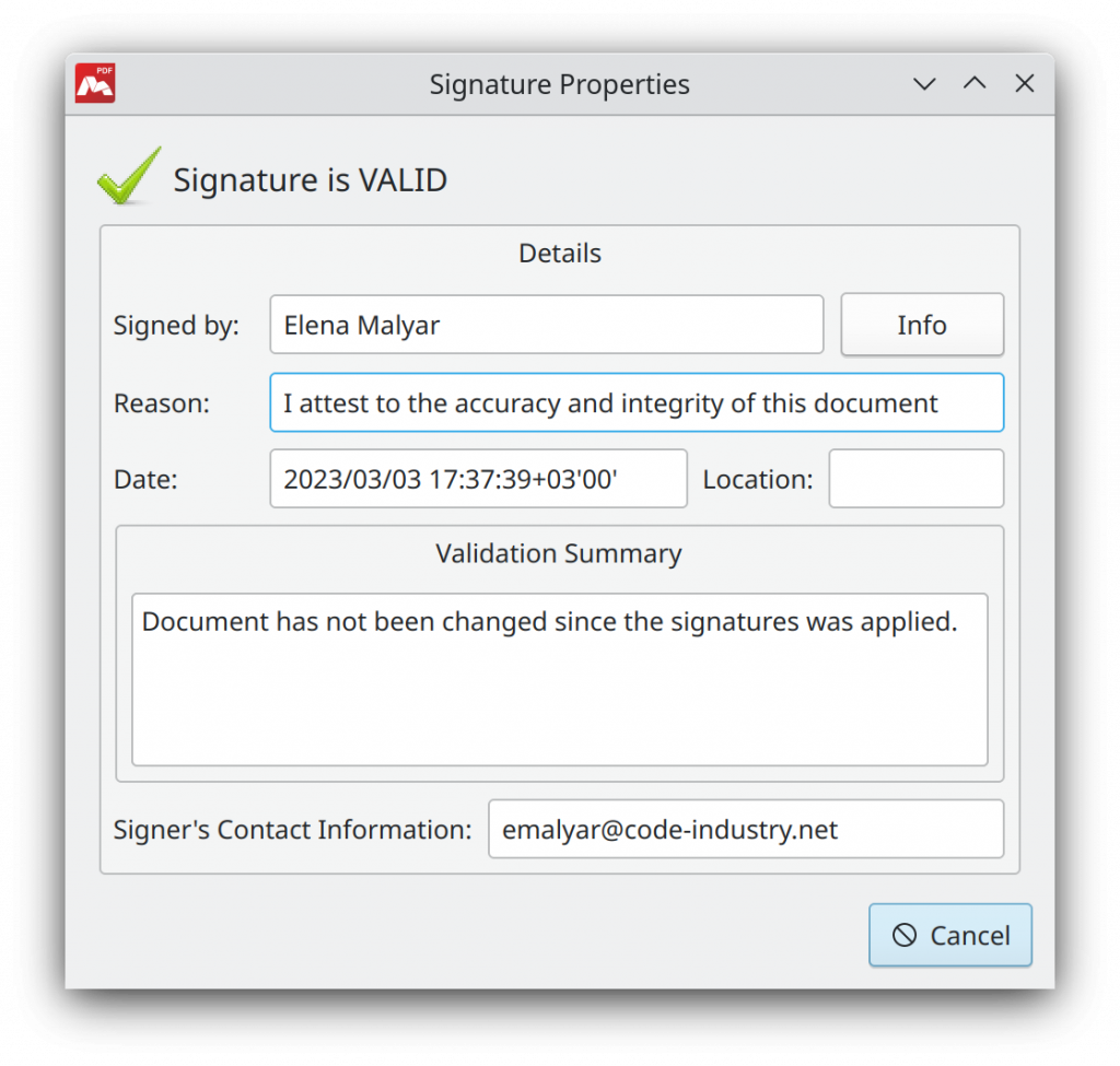 Create and verify a digital signature in a PDF document.