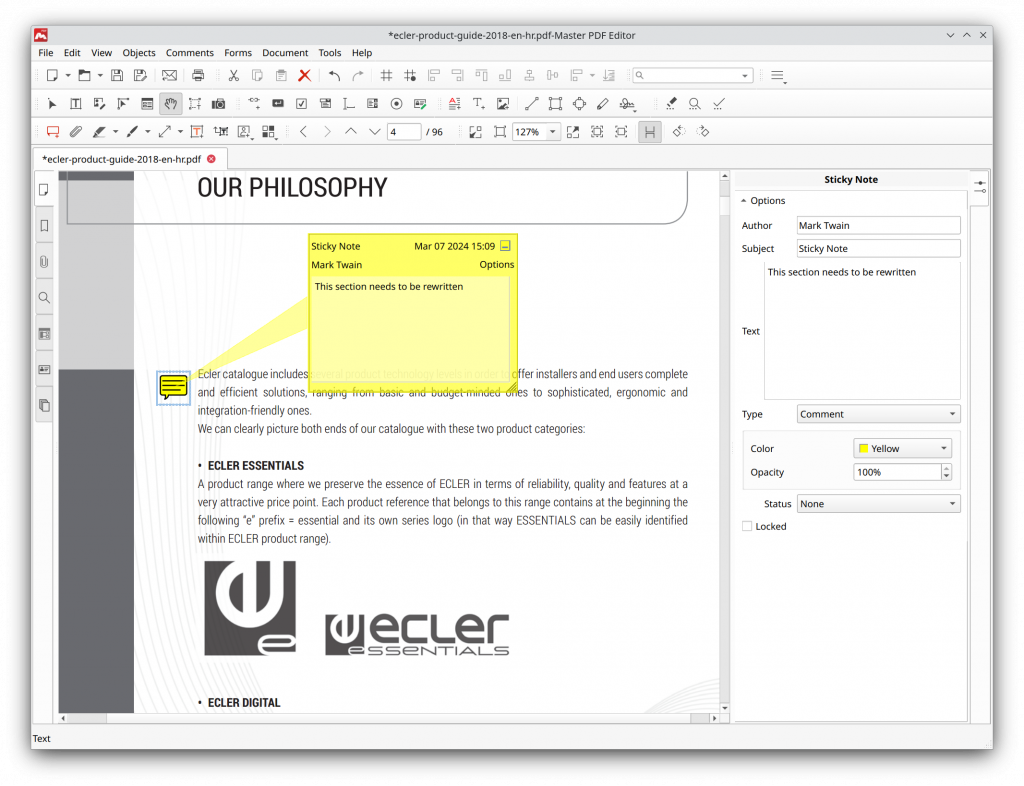 Commenting a document with a sticky note