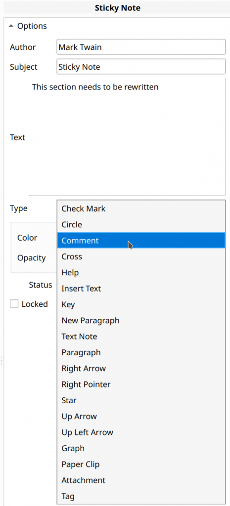Commenting a document with a sticky note